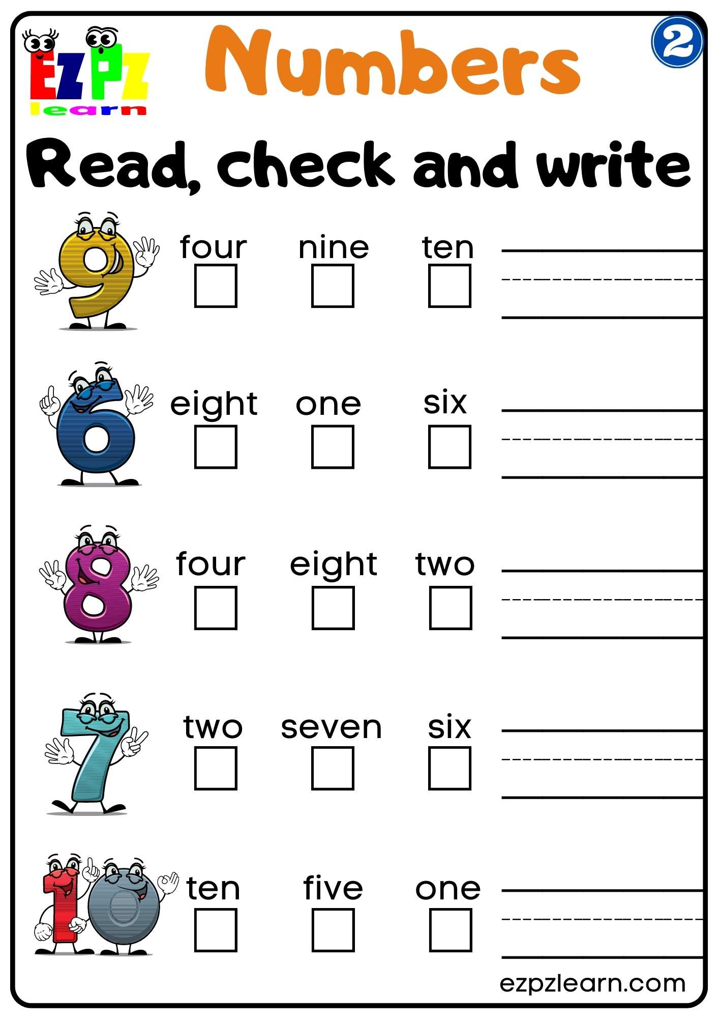 G2 Numbers Read Check and Write Worksheet for Kindergarten K5 and ESL PDF Download - Ezpzlearn.com